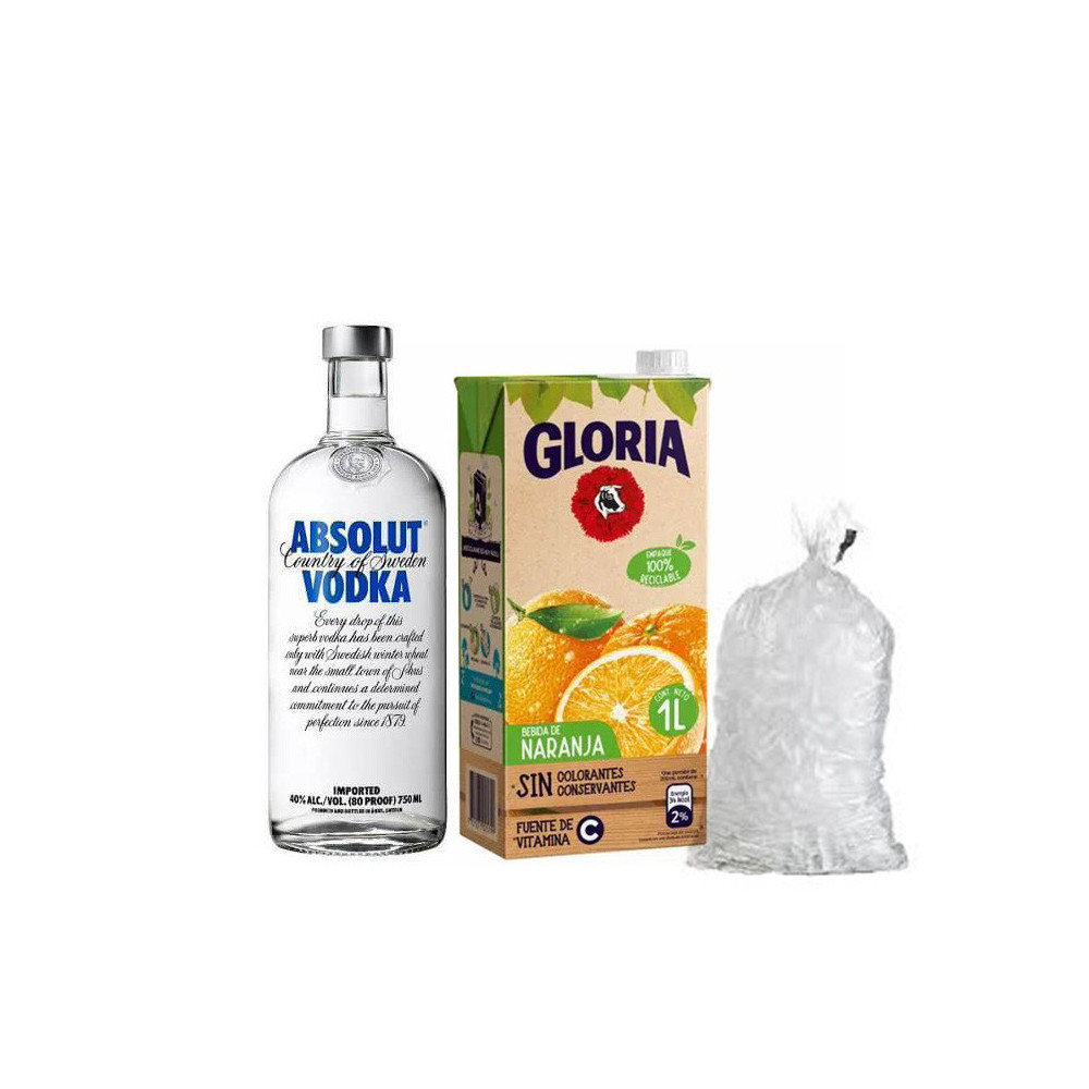COMBO37 VODKA ABSOLUD 700ML + JUGO DE NARANJA GLORIA 1L+HIELO